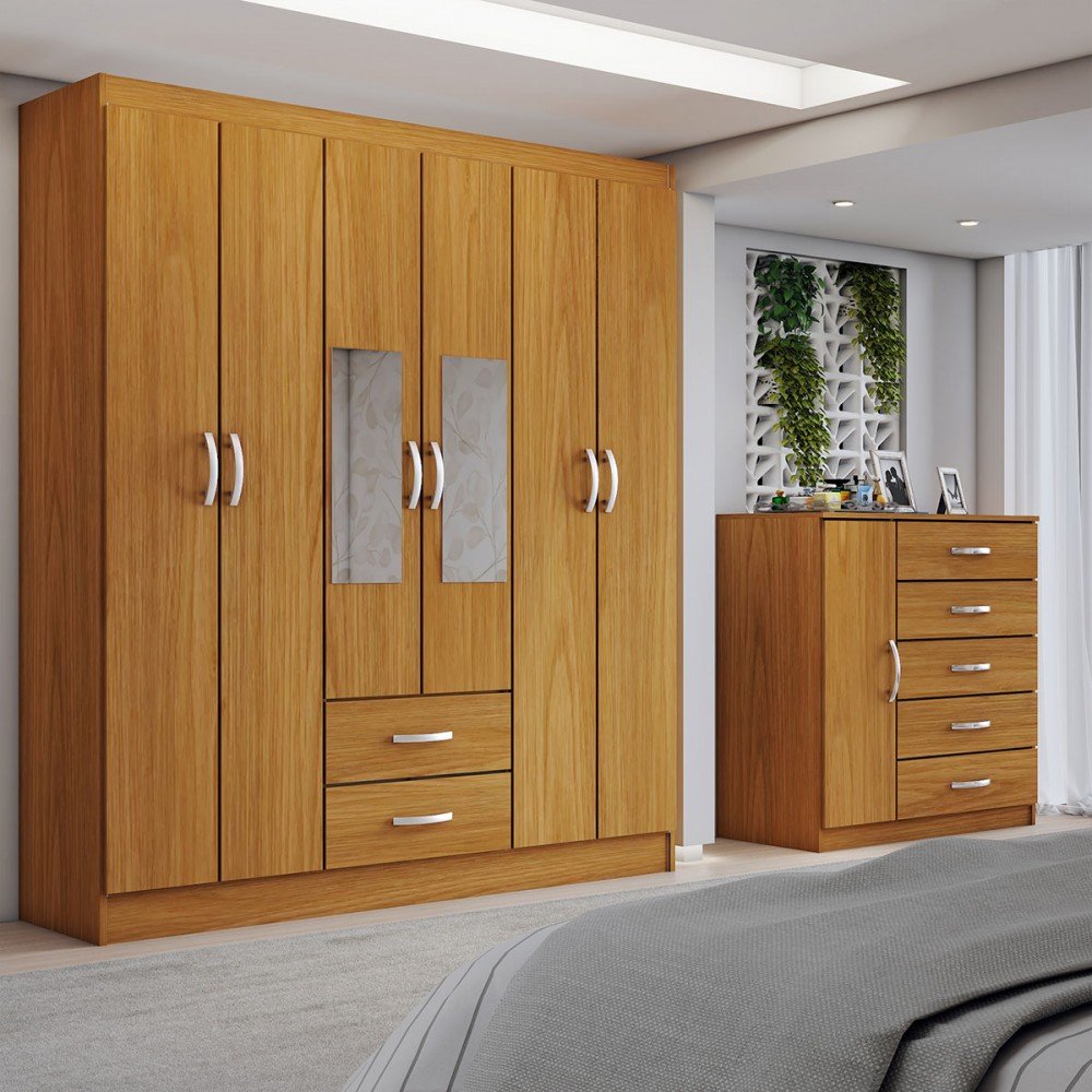 Guarda-Roupa Casal Claire 6 Portas 2 Gavetas e Espelho com Cômoda 1 ...