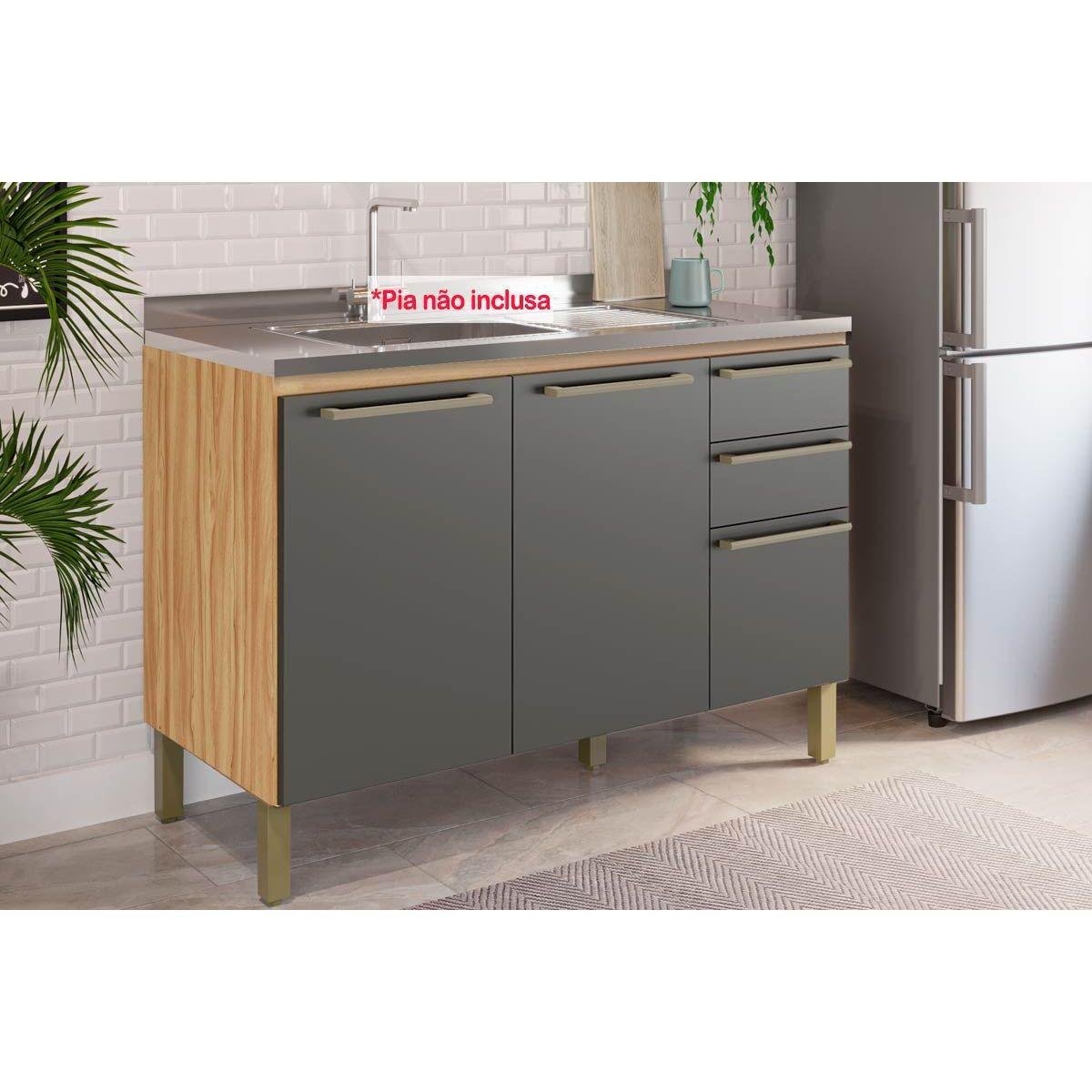 Balcão de Cozinha Modulado p/ Pia Nápoli Prime 3 Portas e 2 Gavetas s/Tampo 120cm Amendoa/Chumbo ...