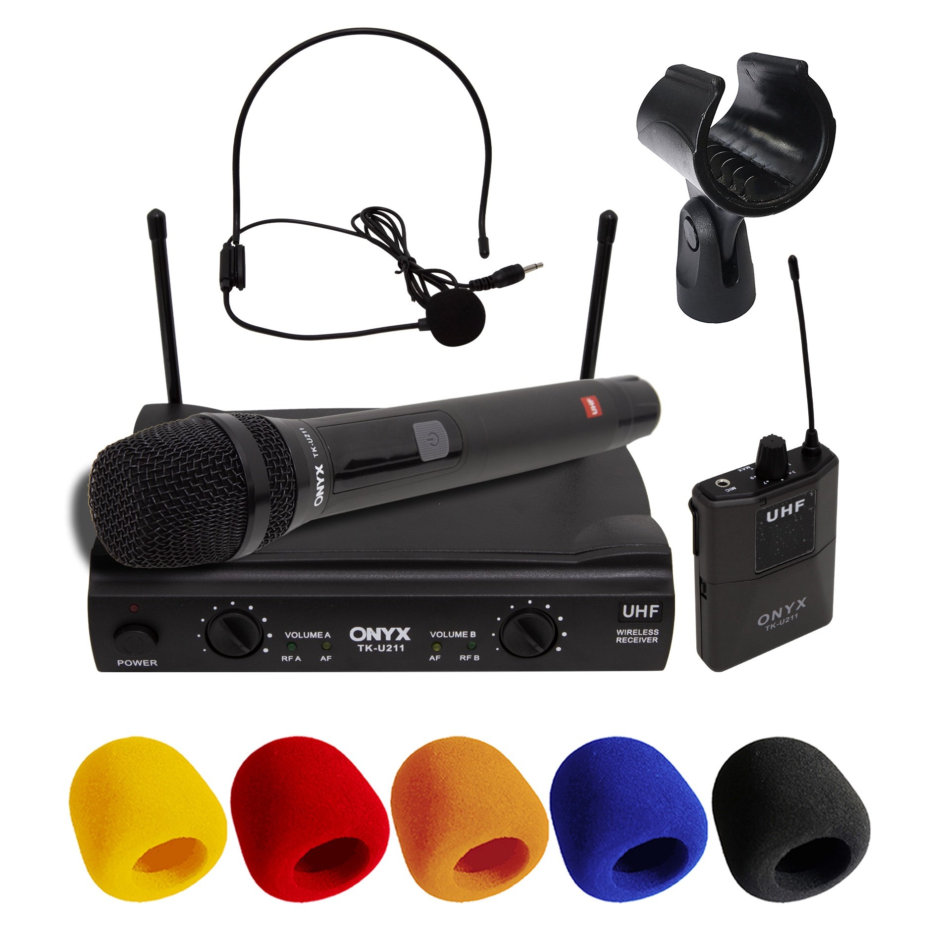 Kit Microfone sem Fio Duplo Mão e Headset TK U211 UHF com Suporte B18A ...