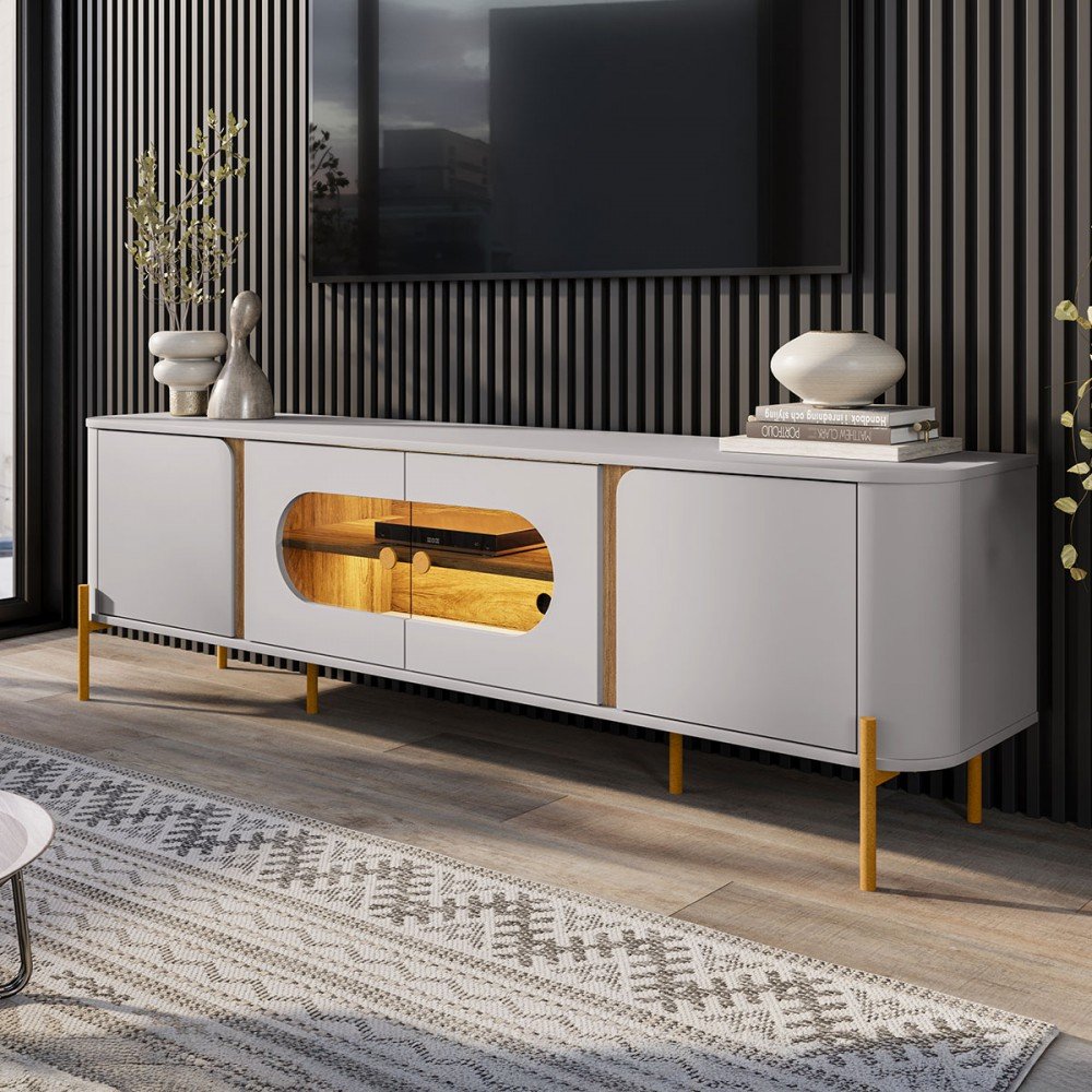 Rack para TV Até 75 Polegadas Juquehy 4 Portas com Vidro e Led Off White/Cinamomo - Móveis Bechara